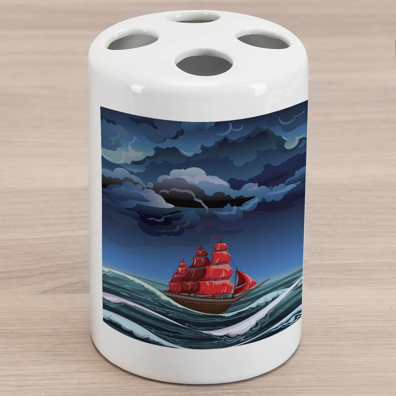 Nautical Ceramic Toothbrush Holder, Vintage Vessel Sailing in Stormy ...