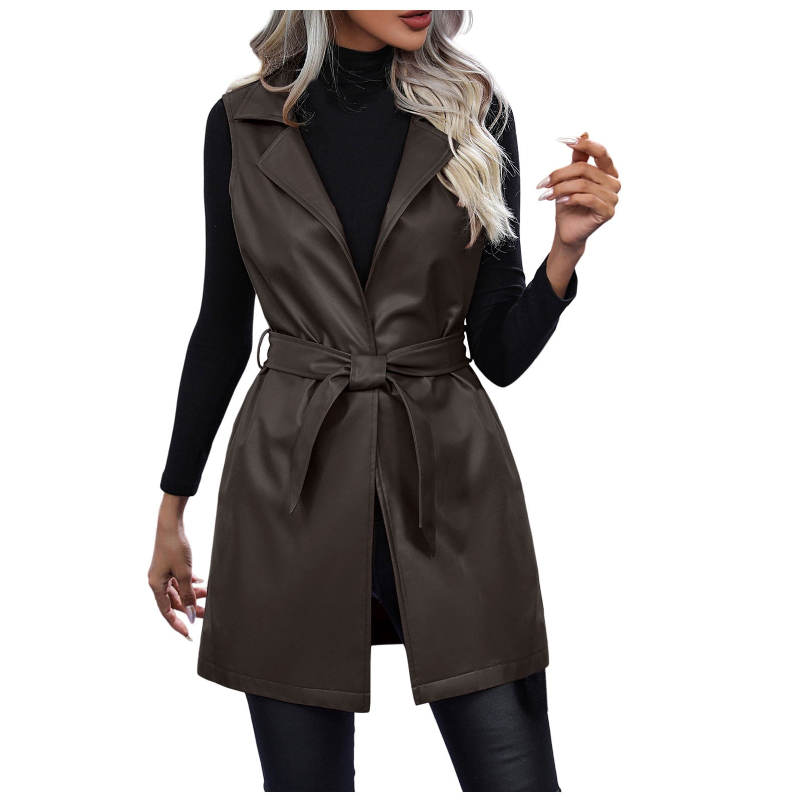 Click here for Byhong Women Solid Belt Vest Jacket Pu Leather Tur... prices