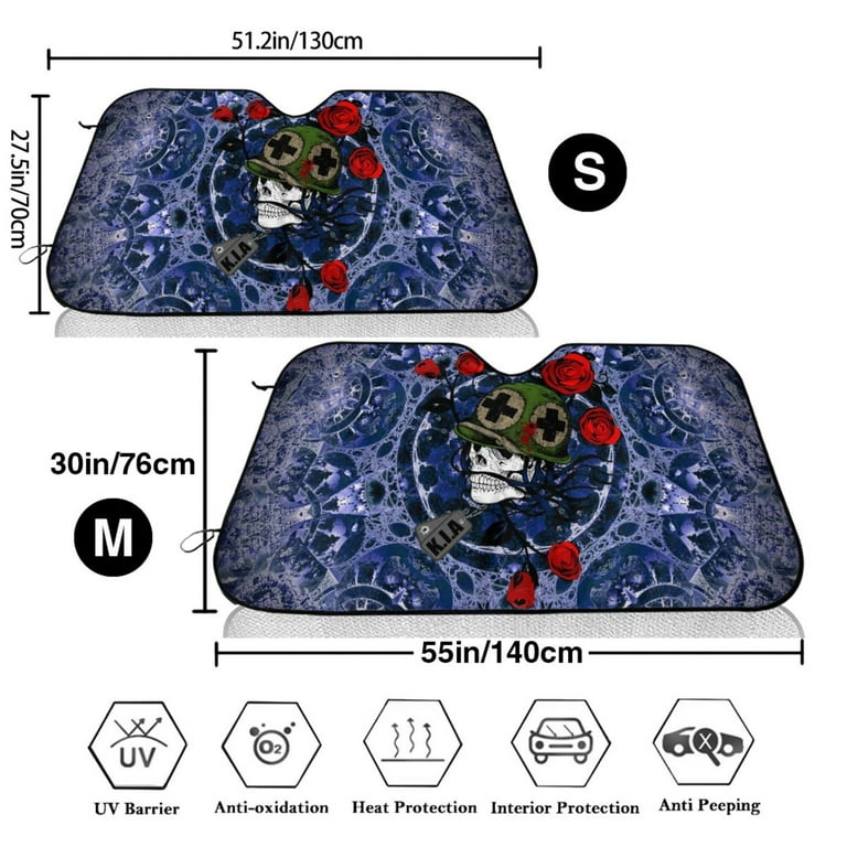 TEQUAN Sunshade for Car Windshield Mandala Grateful Soldier Dead Skull and Roses Pattern Car Sun Shade 55 x 30