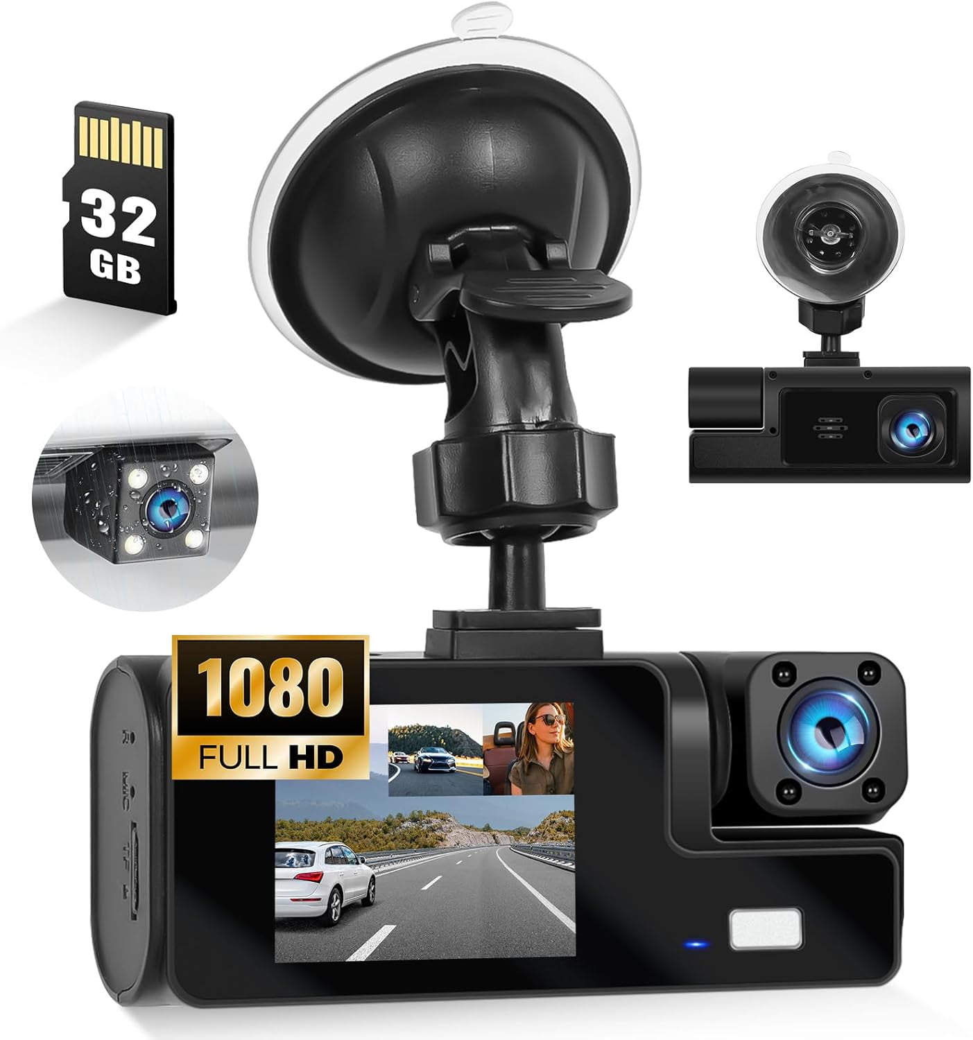 TRAHOO-3 Channel Dash Camera for Cars,Front and Rear Inside Car Camera ...