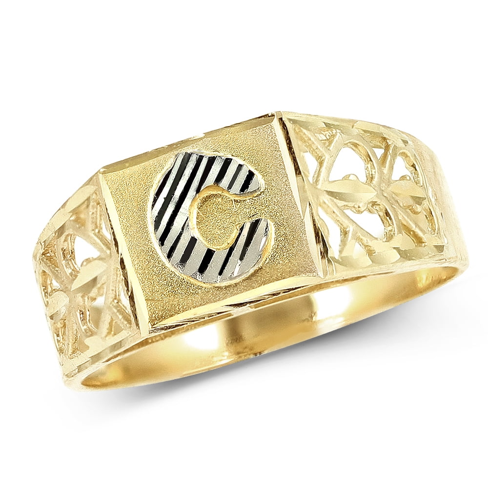 LoveBling 10K Yellow Gold Diamond Cut Ladies Alphabet Initial Ring ...