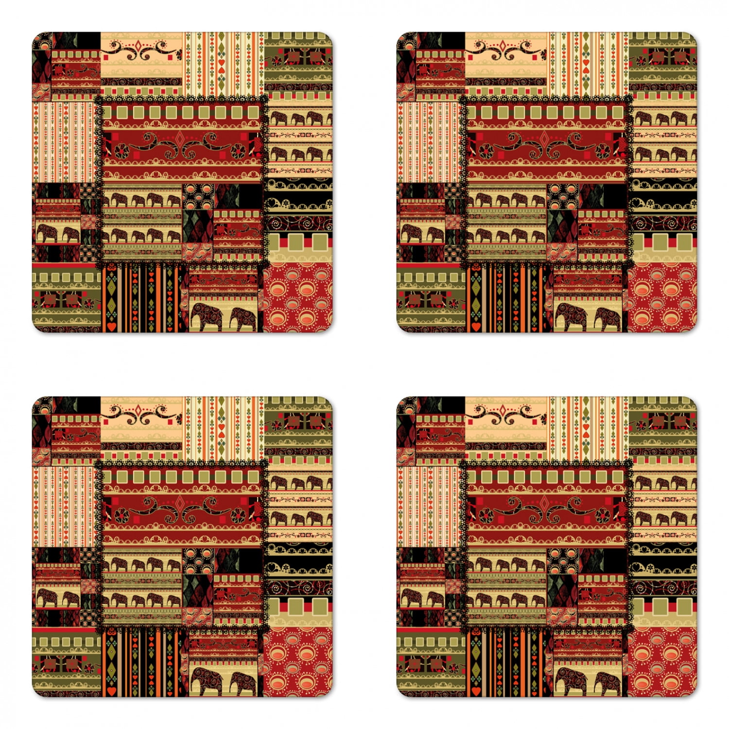 African Coaster Set of 4, Patchwork Style Pattern with Elephants and ...