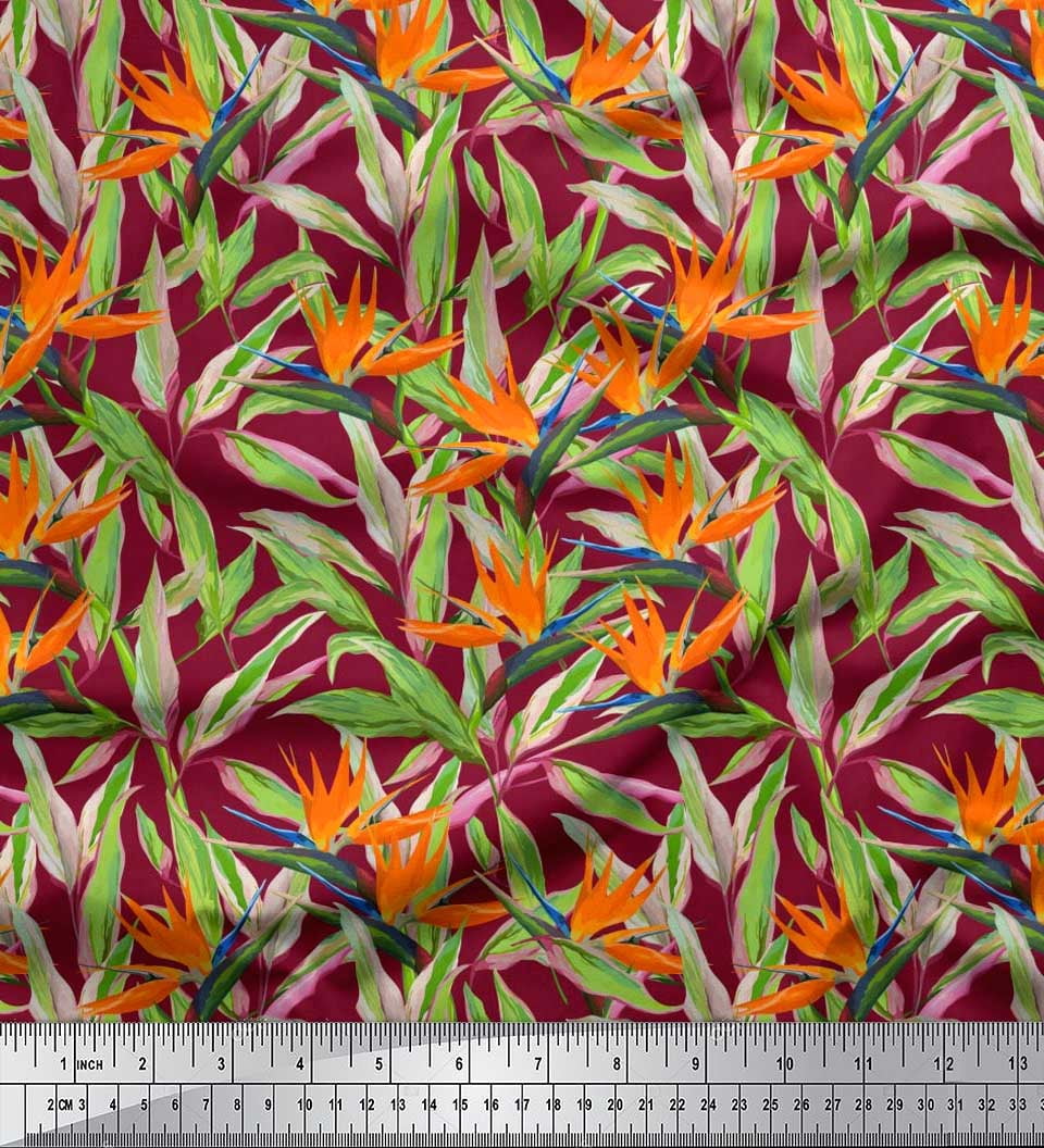 Soimoi Modal Satin Fabric Leaves & Tropical Flower Watercolor Print ...