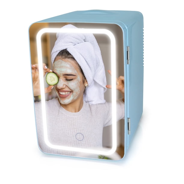 Personal Chiller Mini Fridge with LED Lighted Mirror Door, Blue ...