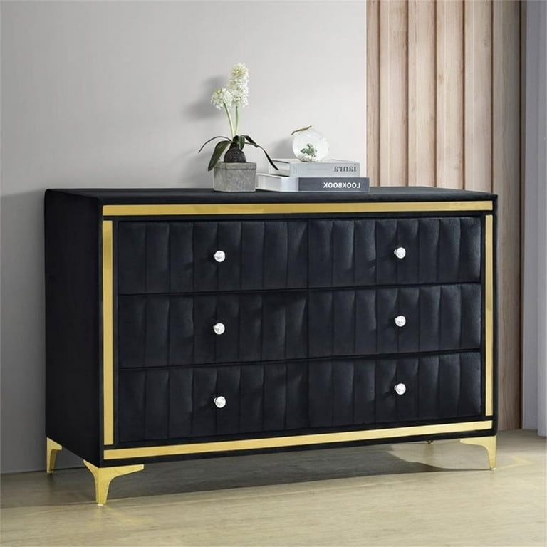 Better Home Products Velvet 6 Drawer Dresser with Gold Legs in Black