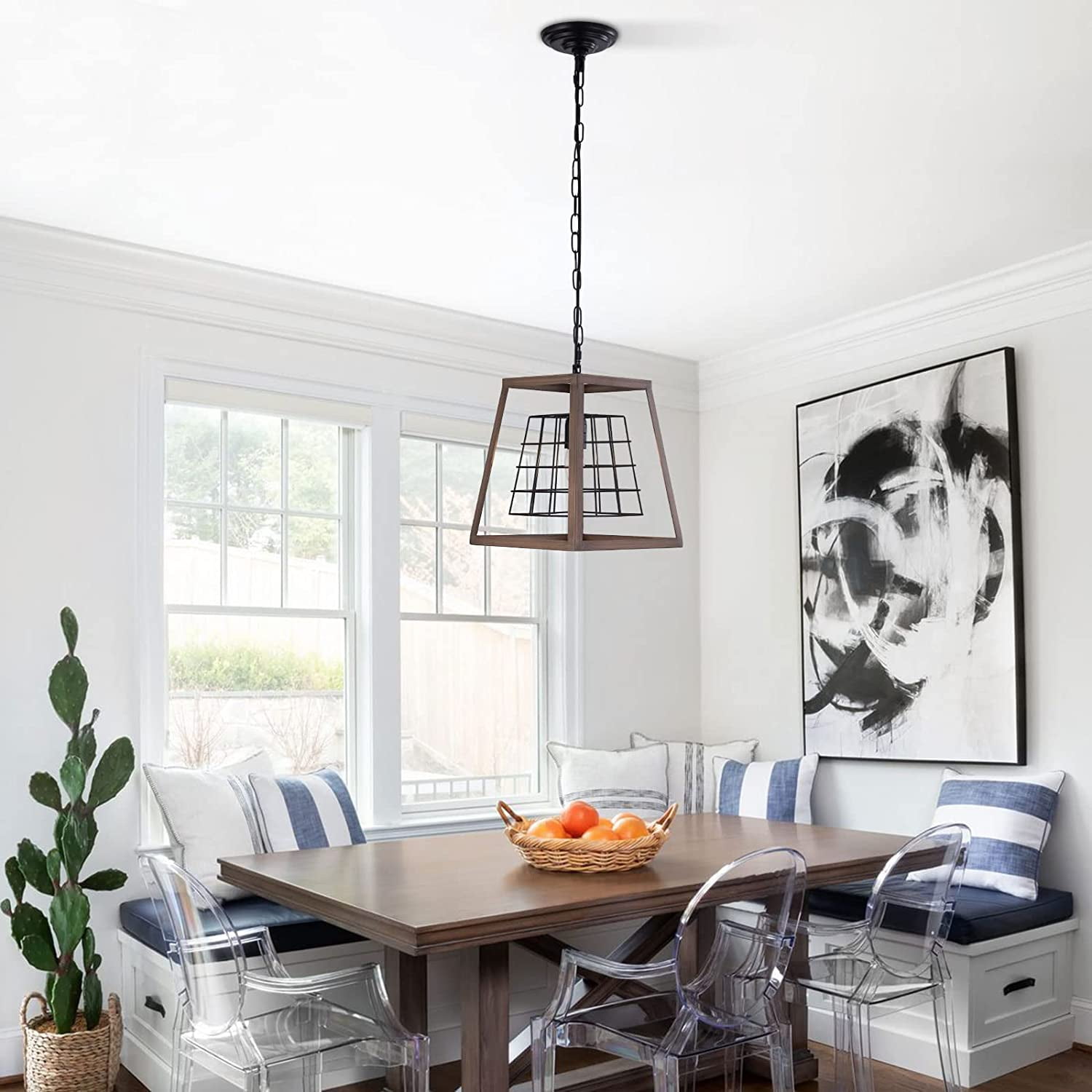 FETCOI Modern Farmhouse Wood Pendant Light with Metal and Wood Cage, 1 ...