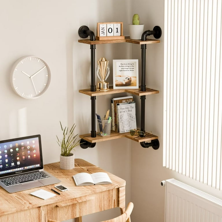 Industrial Pipe Shelving Pine Wood Floating Bathroom Shelves Wall Mounted L Shaped Corner Shelf for Bedroom Living Room Wall Storage