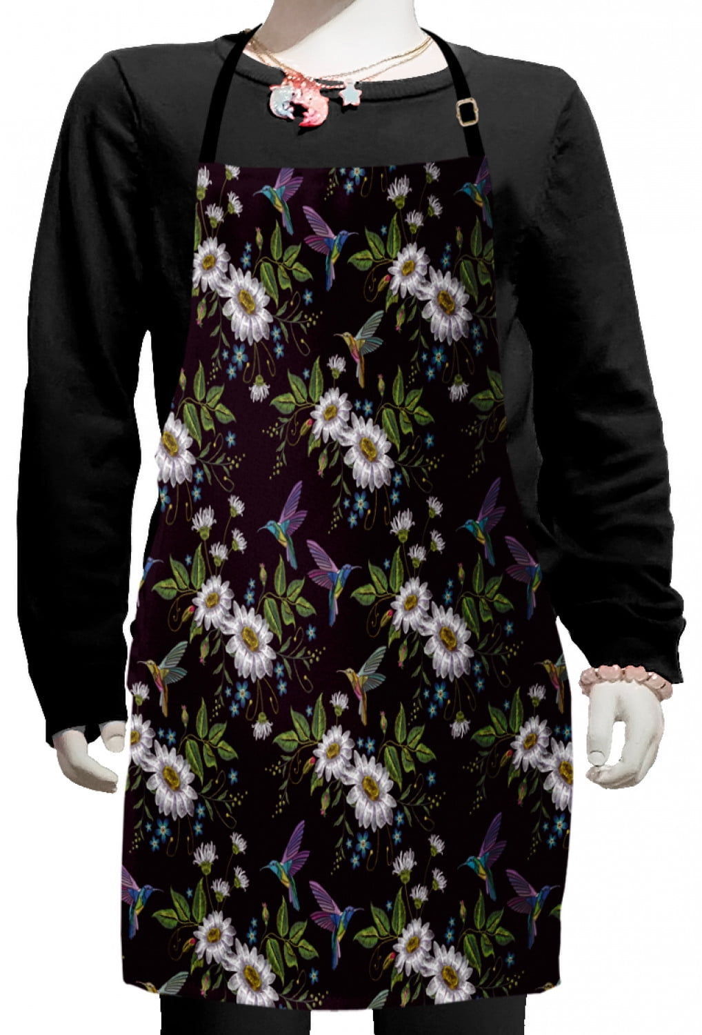 Botanical Kids Apron, Rhythmic Humming Birds Twigs Chamomile Blossoms ...