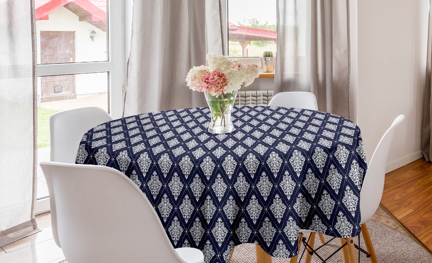 Boho Round Tablecloth, Damask Inspired Pattern Vertical Oriental ...