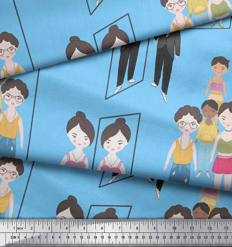 Soimoi Blue Velvet Fabric Mirror Theme Human Figure Fabric Prints By ...