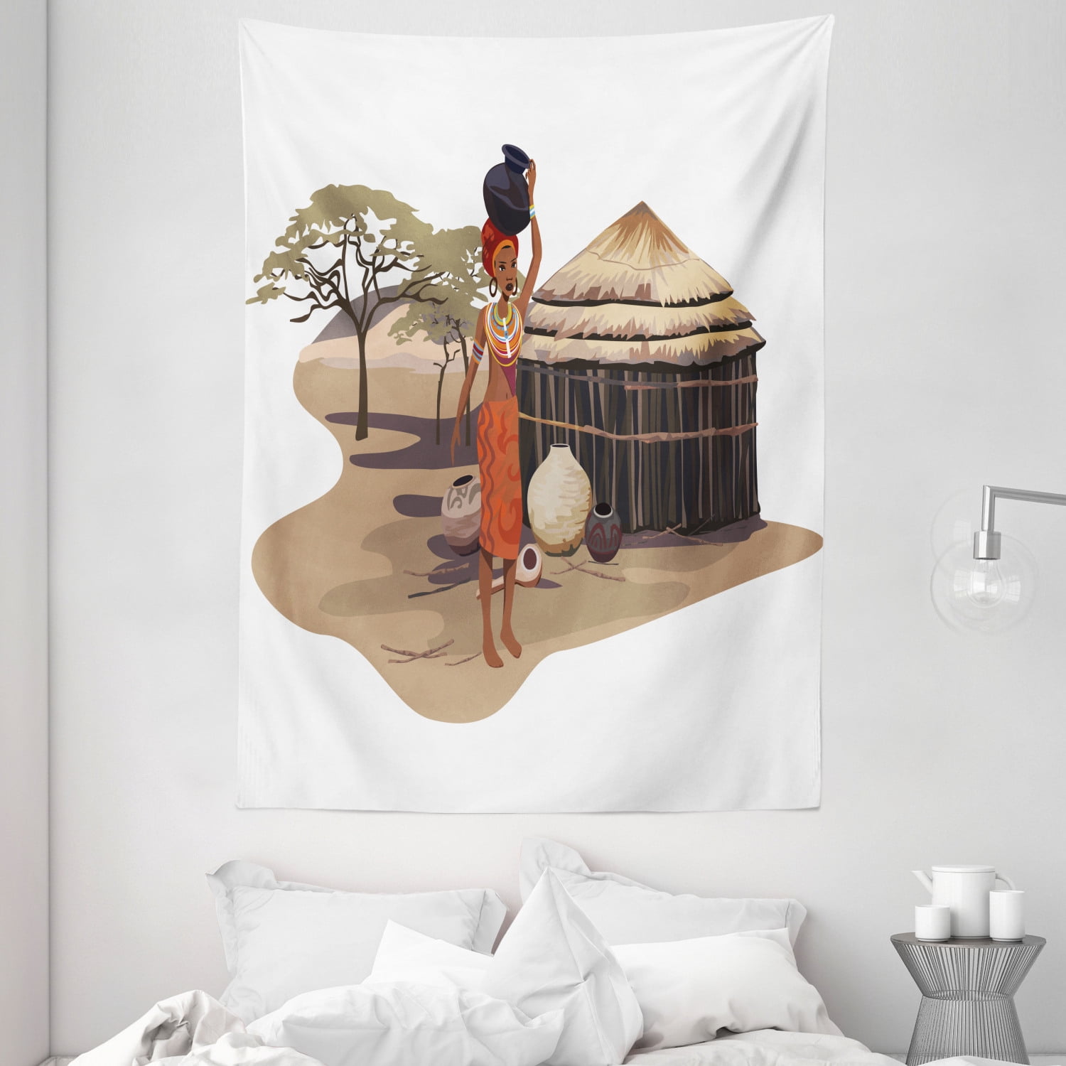 African Woman Tapestry, Native Woman Carrying a Pot Hut Tree Natural ...