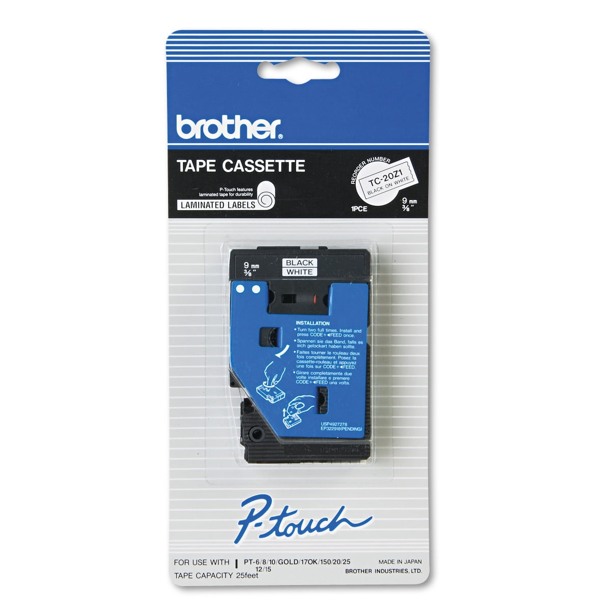 Brother P-Touch TC Tape Cartridge for P-Touch Labelers, 3/8"w, Black on ...