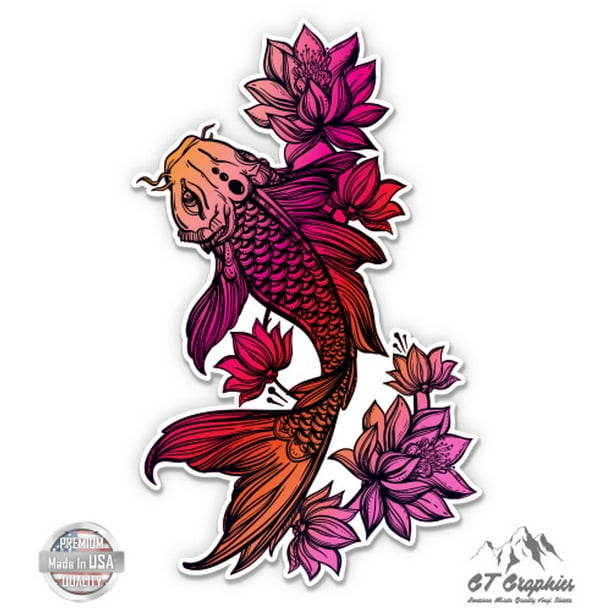 Koi Fish Beautiful Flowers Lotus - 3" Vinyl Sticker - For Car Laptop I ...