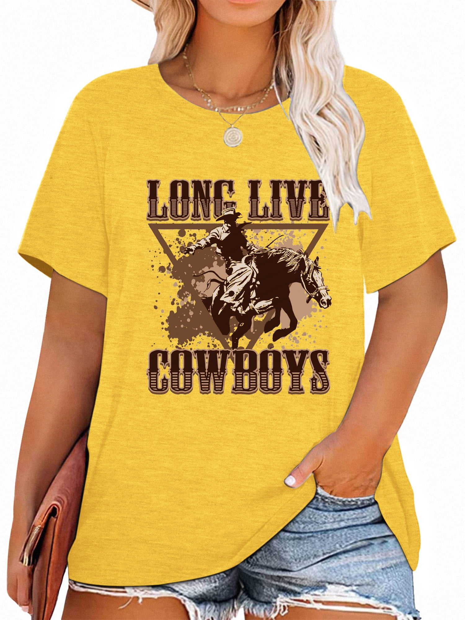 Anbech RODEO Plus Size T-Shirts for Women Graphic Long Live Cowboys ...