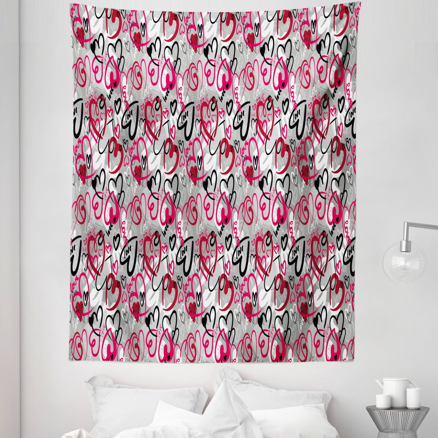 Love Tapestry, Romantic Random Hand Drawn Style Hearts and Love Words ...