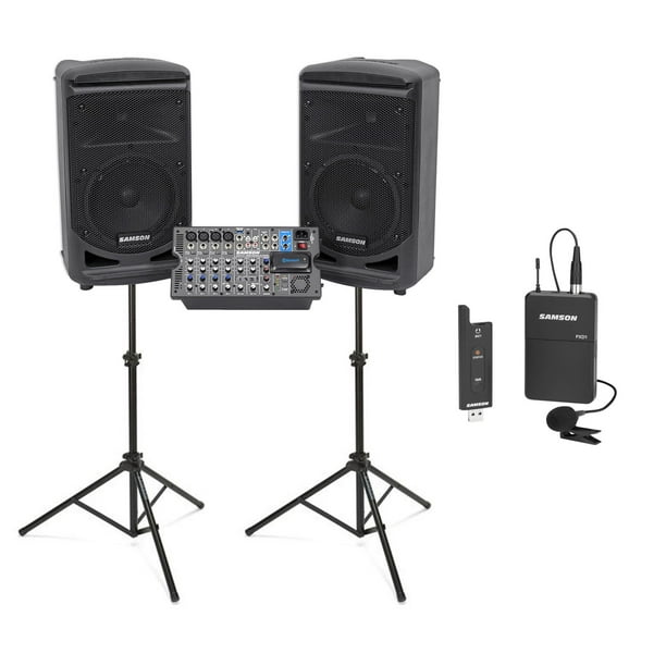 Samson Expedition XP800 800 Watt 8" PA DJ Speakers+Mixer+Lavalier Mic ...