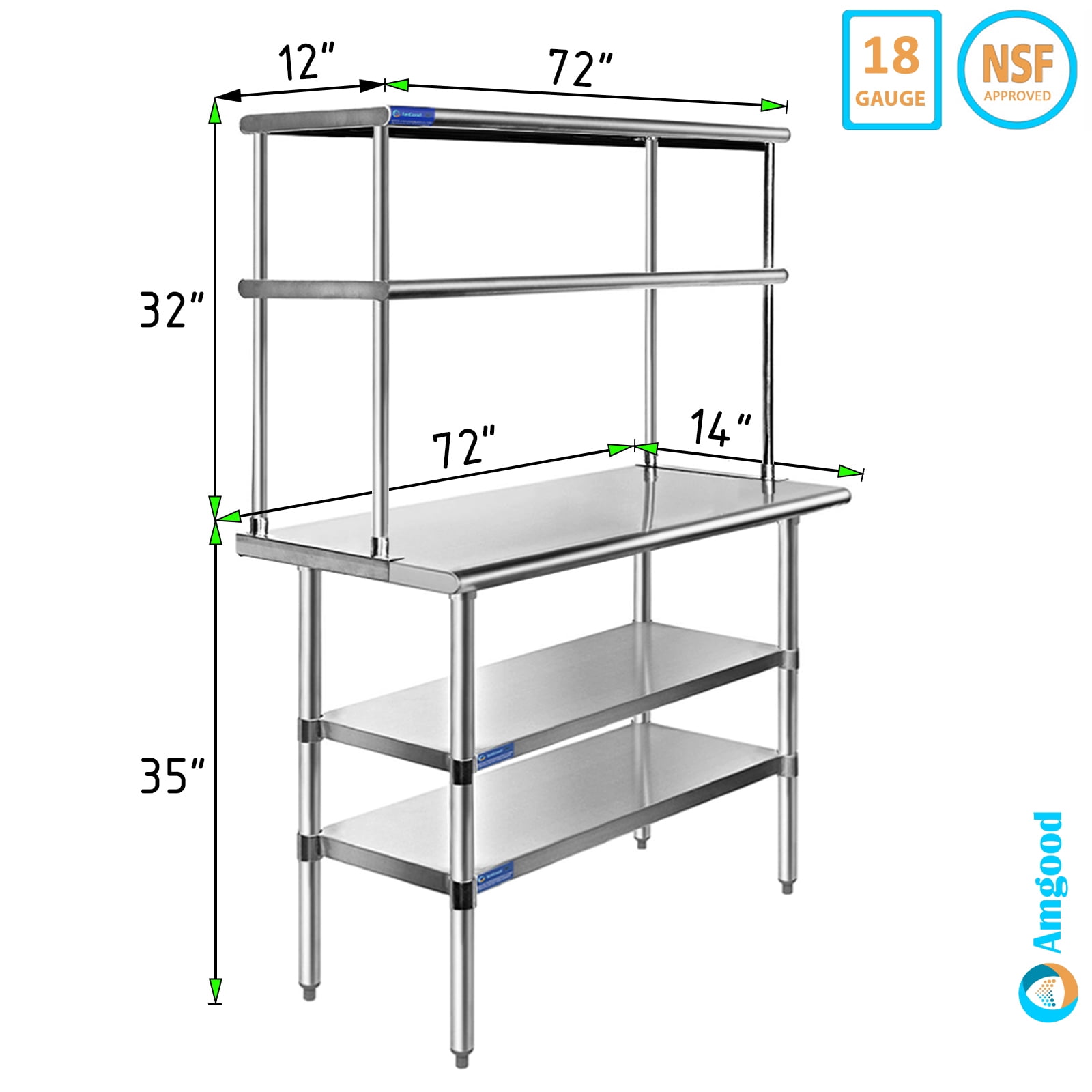 14" x 72" Stainless Steel Work Table With 2 Shelves | 12" Wide Double ...