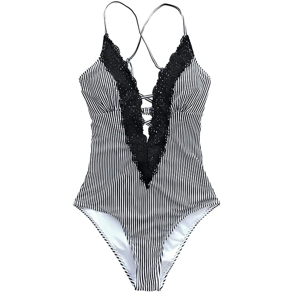 Cupshe Womens Plunging V Neck Lace Trimmed One Piece Swimsuit Blue