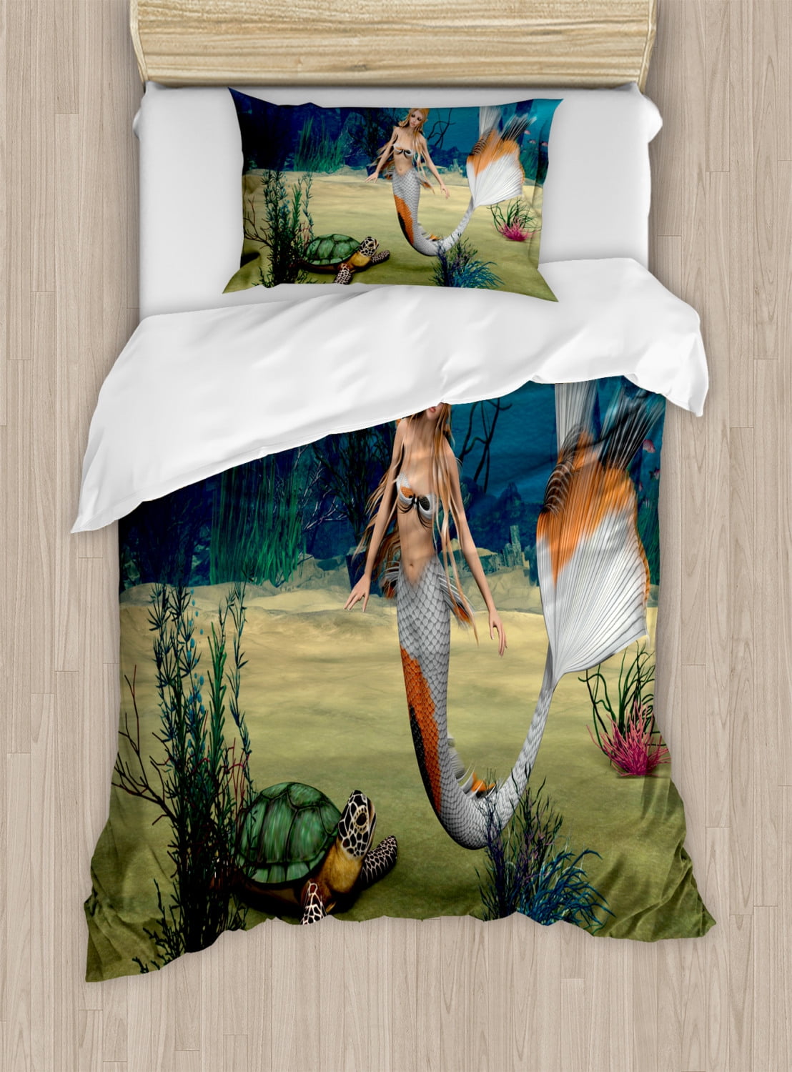 Mermaid Duvet Cover Set Twin Size, Digital Render of Cute Mermaid ...
