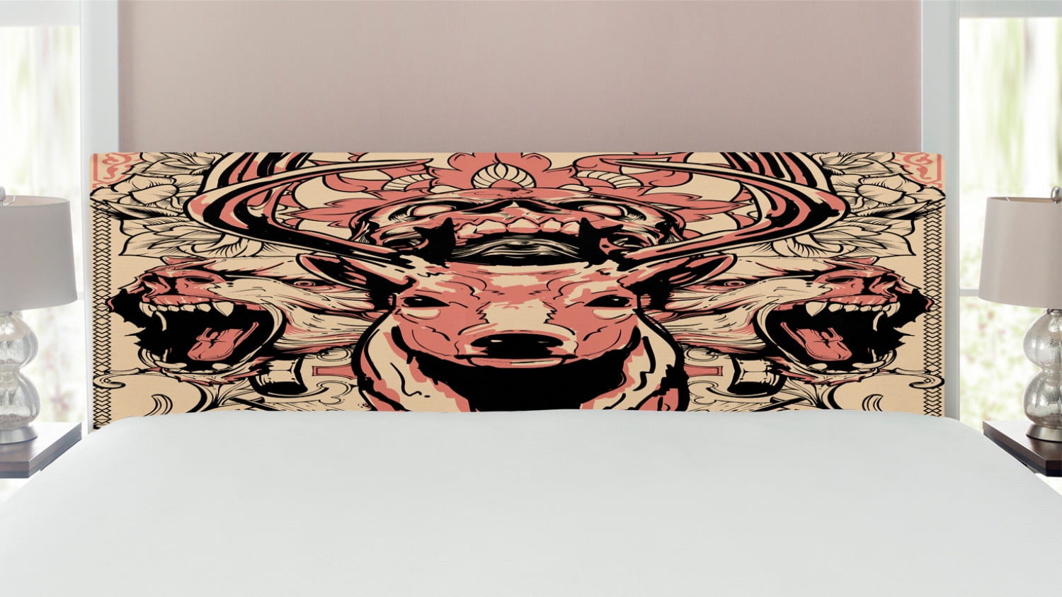 Deer Headboard, Modern Illustration of Skull and Wolves with Floral ...