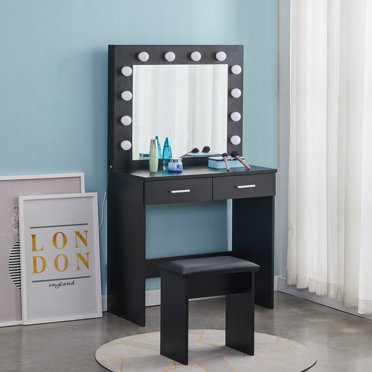 Angel Line Ella Vanity Table and Stool Set w/ Tri-Folding Mirror, Gray ...