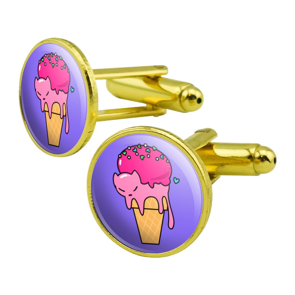 Cute Meowlting Melting Cat Ice Cream Cone Round Cufflink Set Gold Color ...