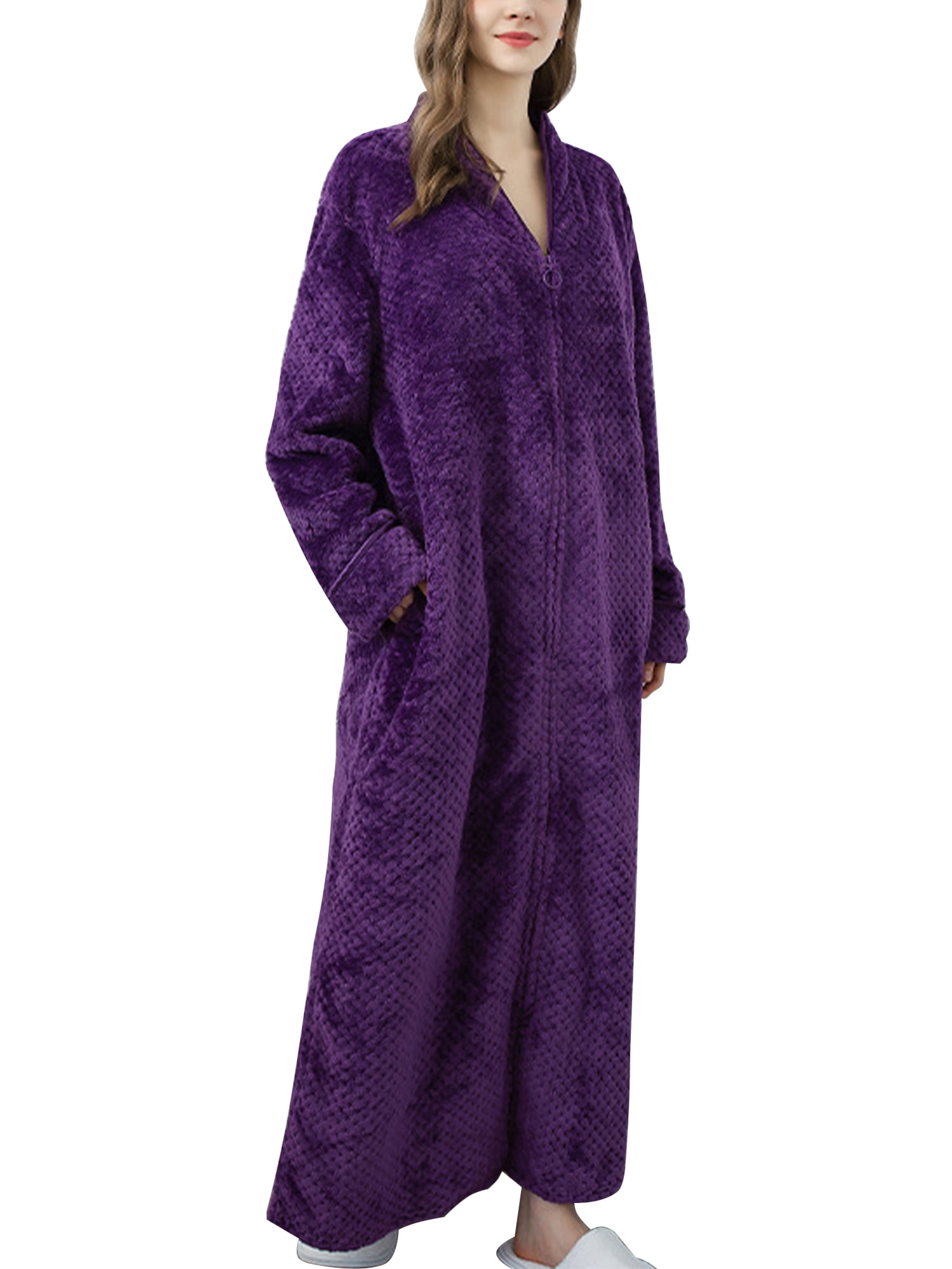 Frontwalk Mens Plush Flannel Zip Up Robes Zipper Lounger Robe Bathrobe Loose Fit Pajamas