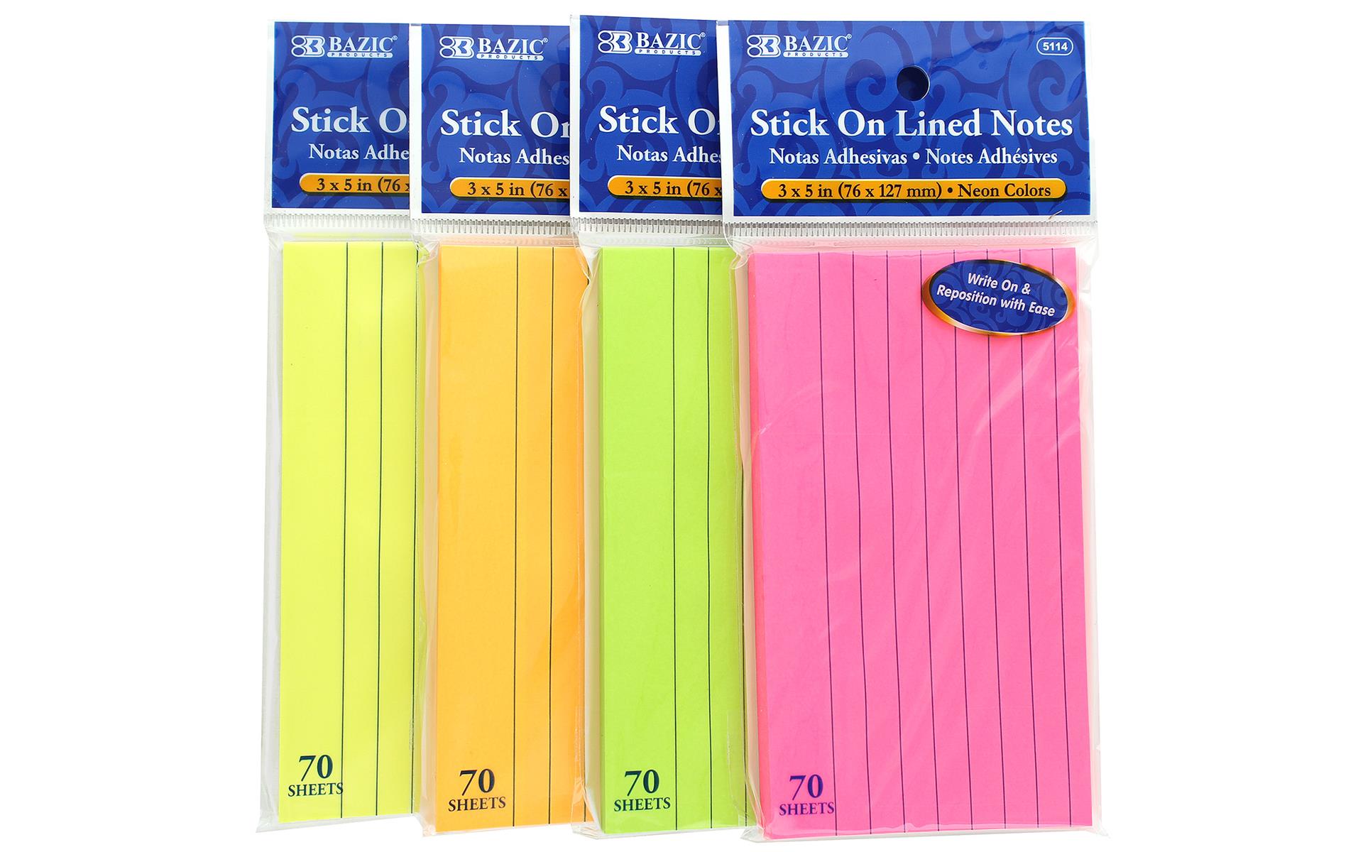 Bazic Stick On Notes 3x5" Lined Astd Neon 70sht | Walmart Canada