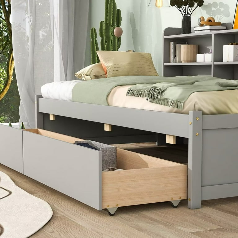 Twin Bed with Side Bookcase Wood Platform Bed Frame with 2 Storage Drawers Storage Daybed Frame with Slats Support Childrens Bedroom Furniture Twin Sofa Bed Captain Bed Frame Gray Walmart