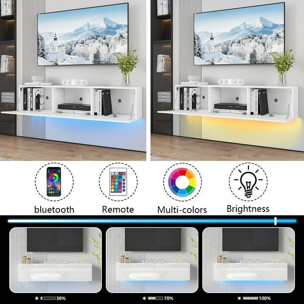 Floating TV Stand with LED Lights 55 Wall Mounted Modern White Entertainment Center High Gloss TV Cabinet Media Console with Storage Doors for Up