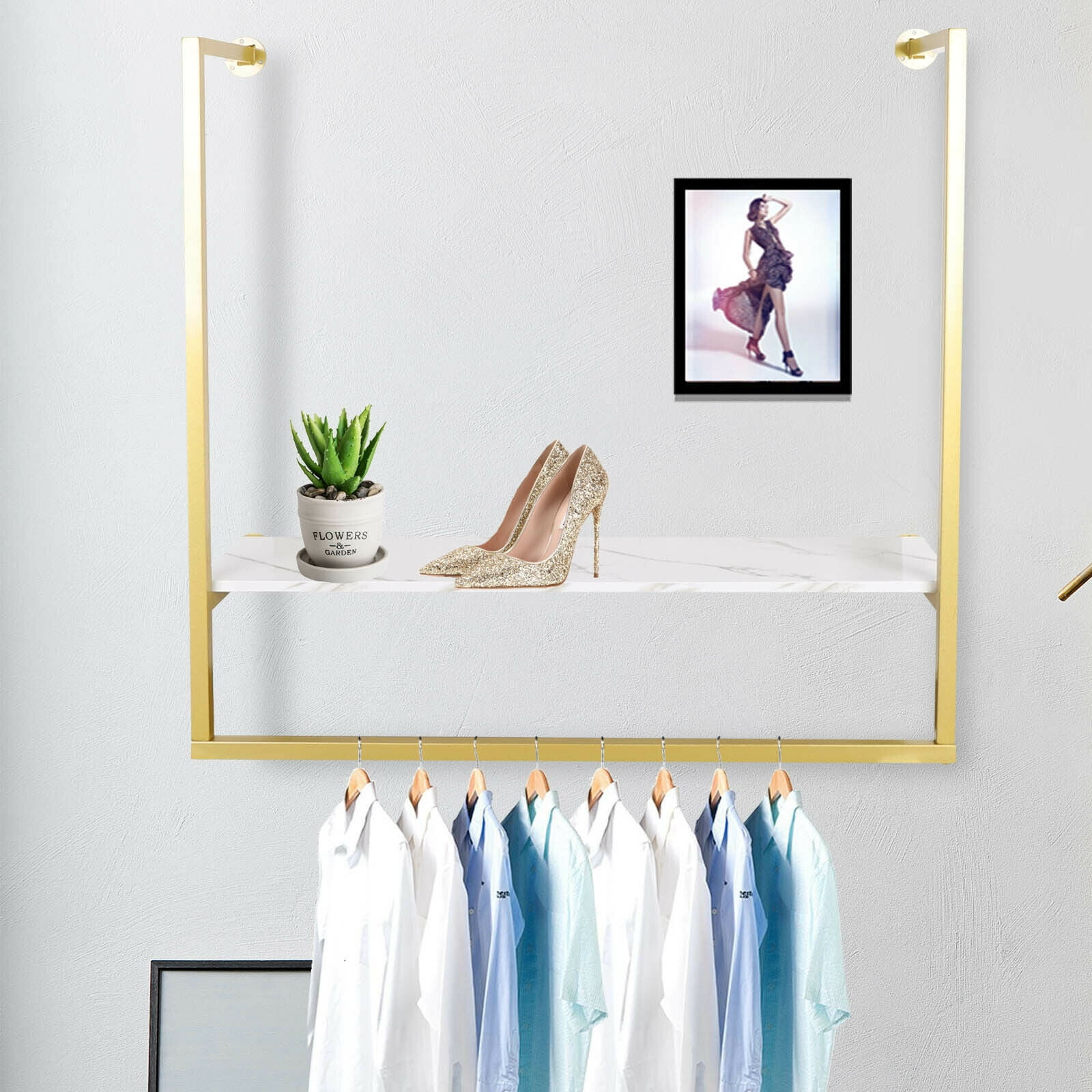 Gold Garment Rack Wall Mounted Clothing Display Rack with Wood Board ...