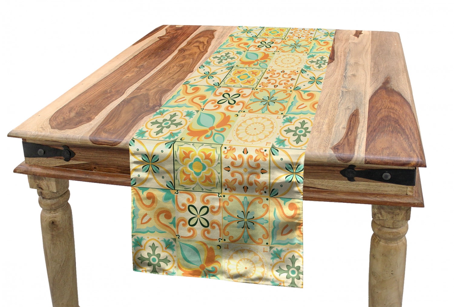 Moroccan Table Runner, Pale Italian Style Curly Flowers in Squares ...
