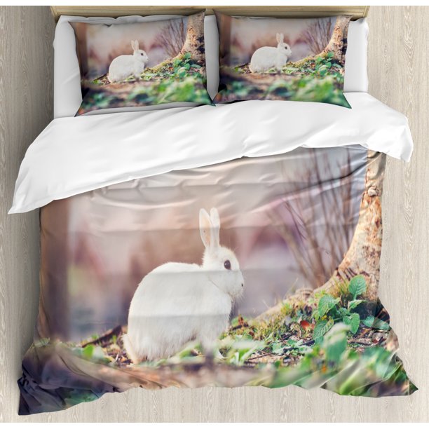 Easter Bunny Duvet Cover Set King Size, Photography of Cute White ...