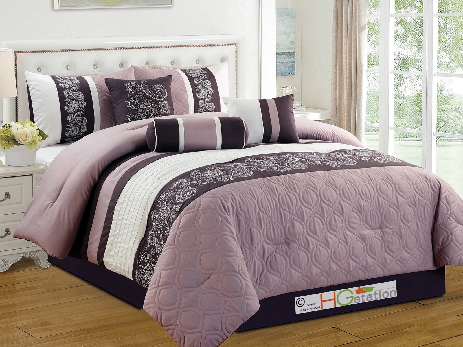 7-Pc Quilted Marquise Floral Paisley Scroll Embroidery Comforter Set ...