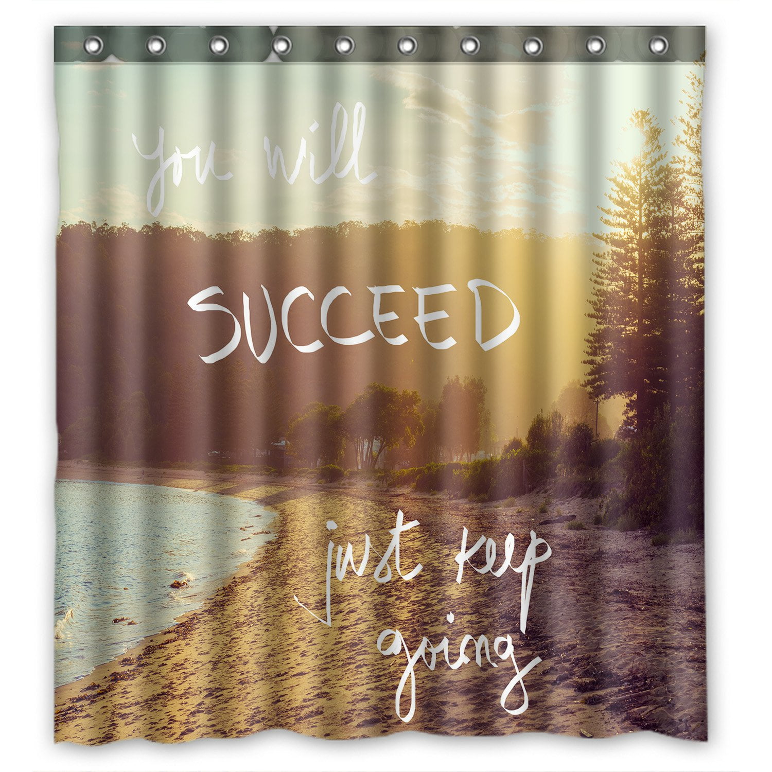 Phfzk Inspirational Quote Shower Curtain Sunset Calm Sunny Beach