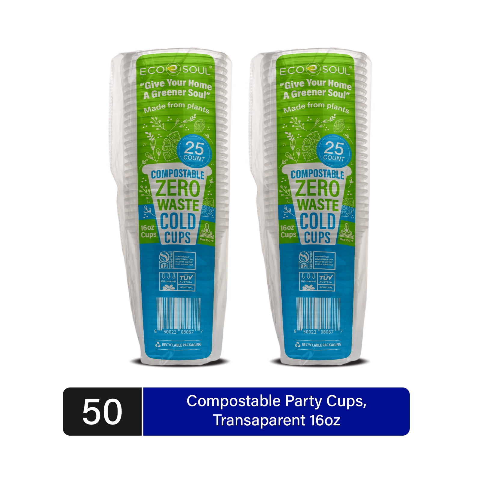 EcoSoul Compostable Plant Based 16 Oz Transparent Party Cups, 50 Count ...