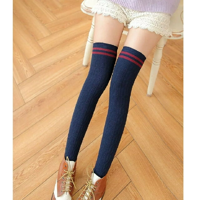 Women Knit Cotton Over The Knee Long Socks Striped Thigh High Stocking