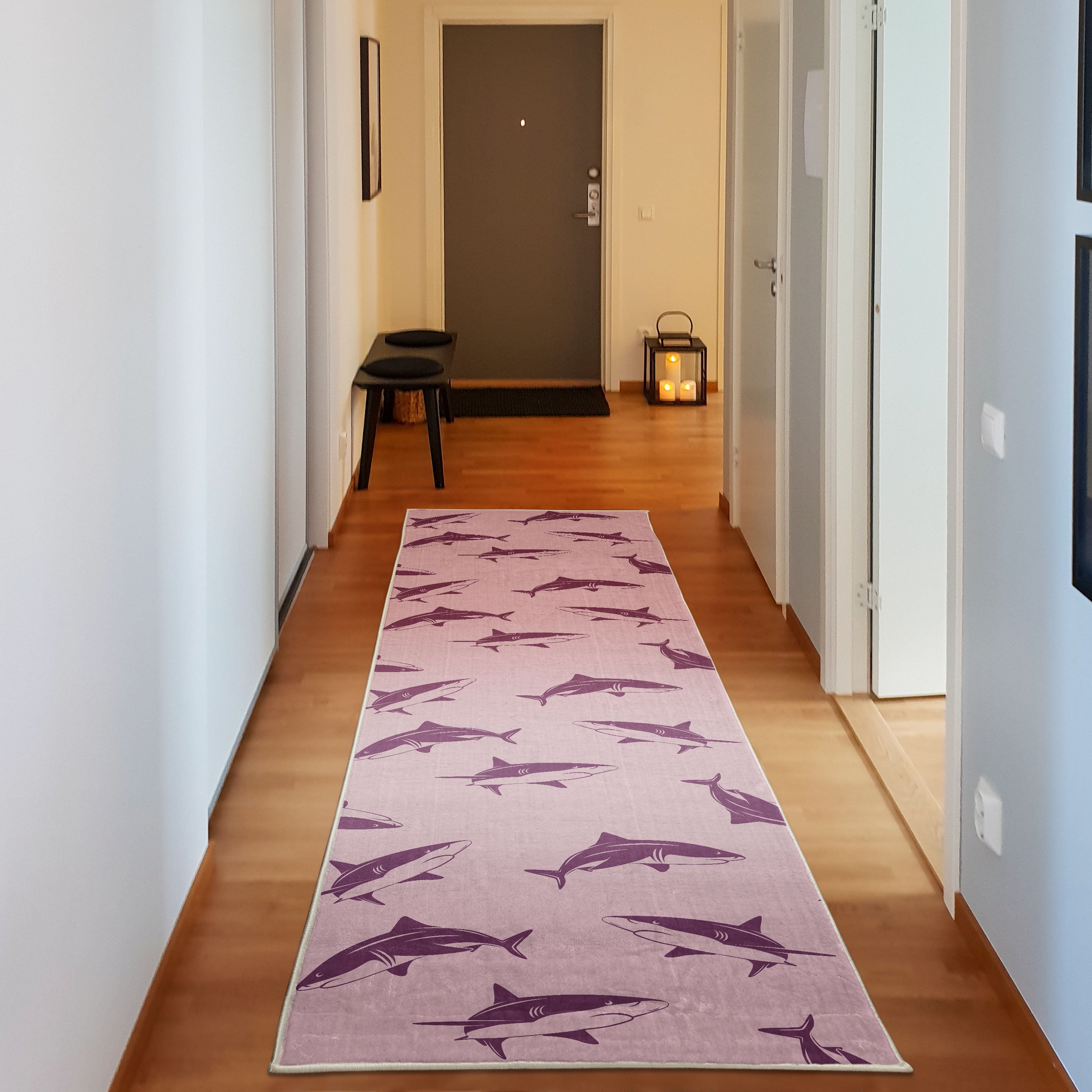 Sea Animals Decorative Rug, Repeated Cartoon Sharks Swimming to ...