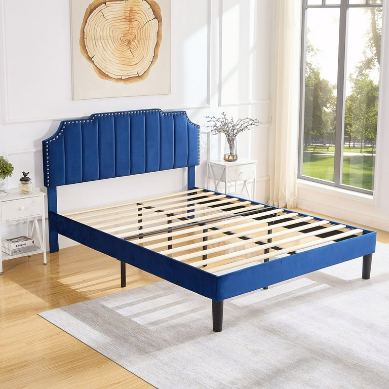 VECELO Full Upholstered Platform Bed Frame Height Adjustable Nailhead Trim Headboard Easy Assembly No Box Spring Required Dark Blue