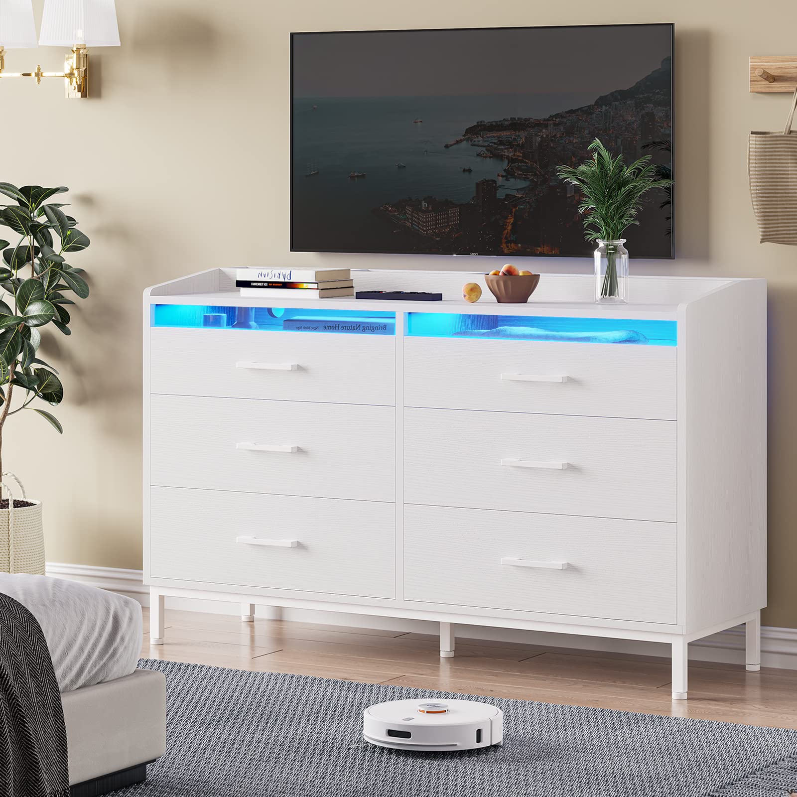 6 Drawer Dresser with LED Lights, Modern Double Dresser Chest of ...