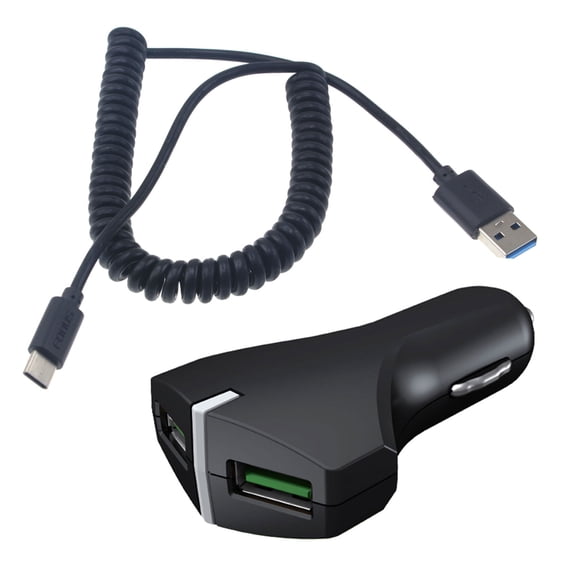 Car Charger 36W Fast 2-Port USB Coiled Cable Type-C Quick Charge DC ...