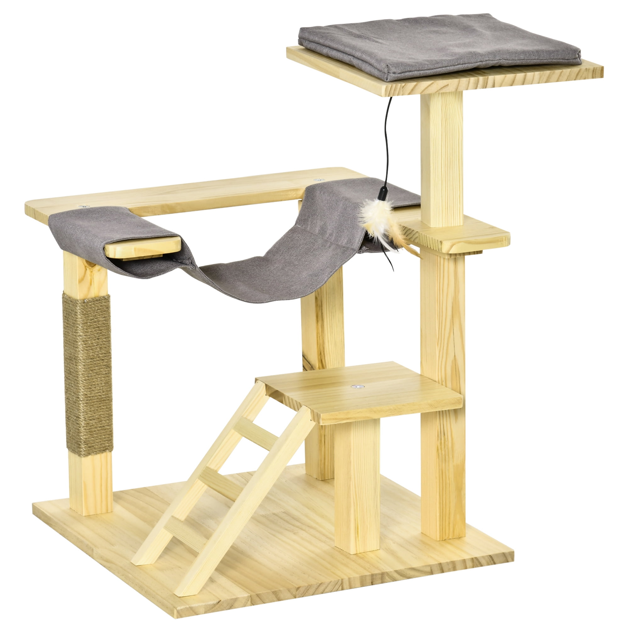 PawHut Cat Tree Pinewood Kitty Activity Center Indoor Outdoor w/ Jute ...