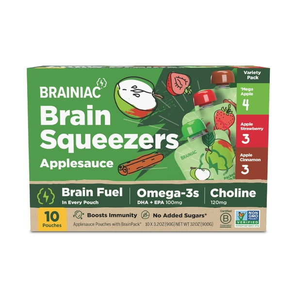 Brainiac Brain Squeezers Applesauce with Omega-3s, Variety Pack, No ...
