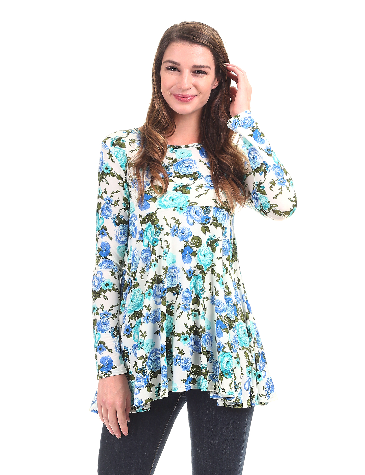 WT1454 Womens Print Long Sleeve Curved Empire Line Draped Tunic Top ...