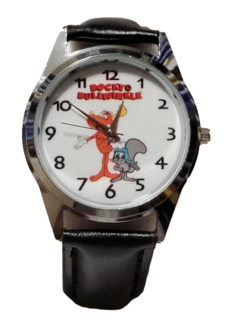 Rocky And Bullwinkle Cartoon Characters Black Leather Band Wrist Watch ...