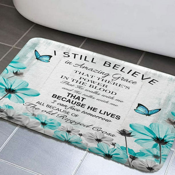 Inspirational Quotes Bathroom Rug Mat, Blue Butterfly White Cotton ...