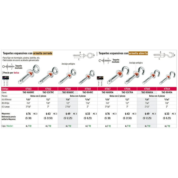 Taquete expansivo con armella cerrada, 8X45 mm, bolsa 4 pzas Fiero Taquete expansivo con armella ...