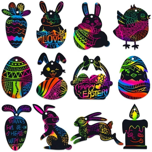 24pcs Scratch Art Scratch Easter Ornaments Egg Bunny Chick Rainbow ...