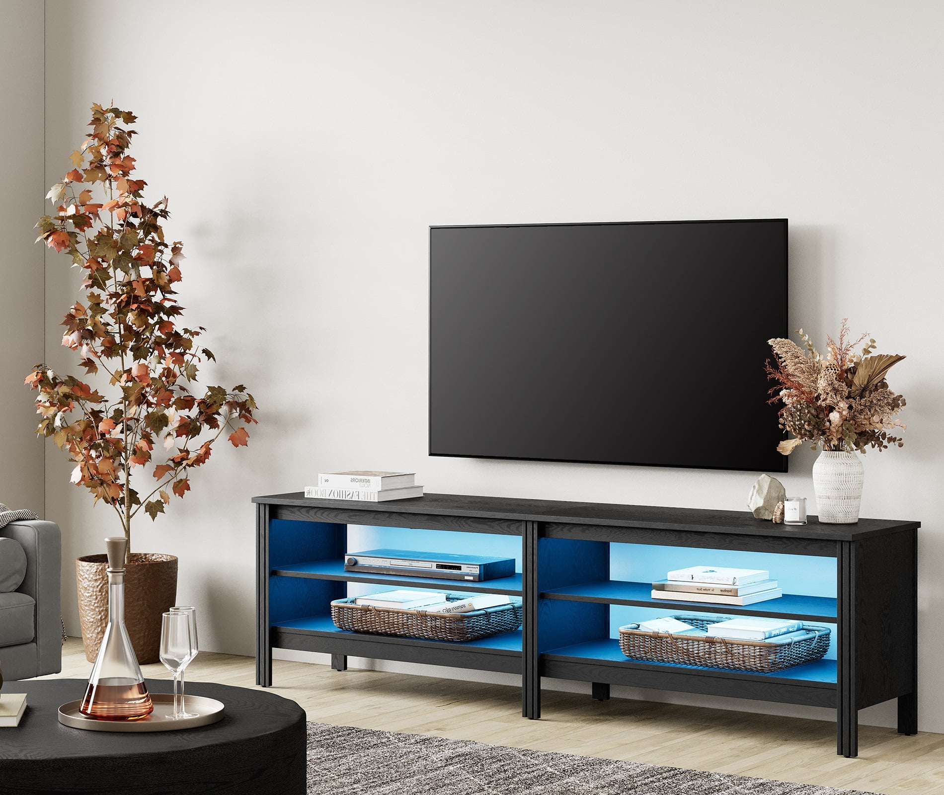 TV Stand for 75 inches Flat Screen, LED Wood Media Console Storage ...