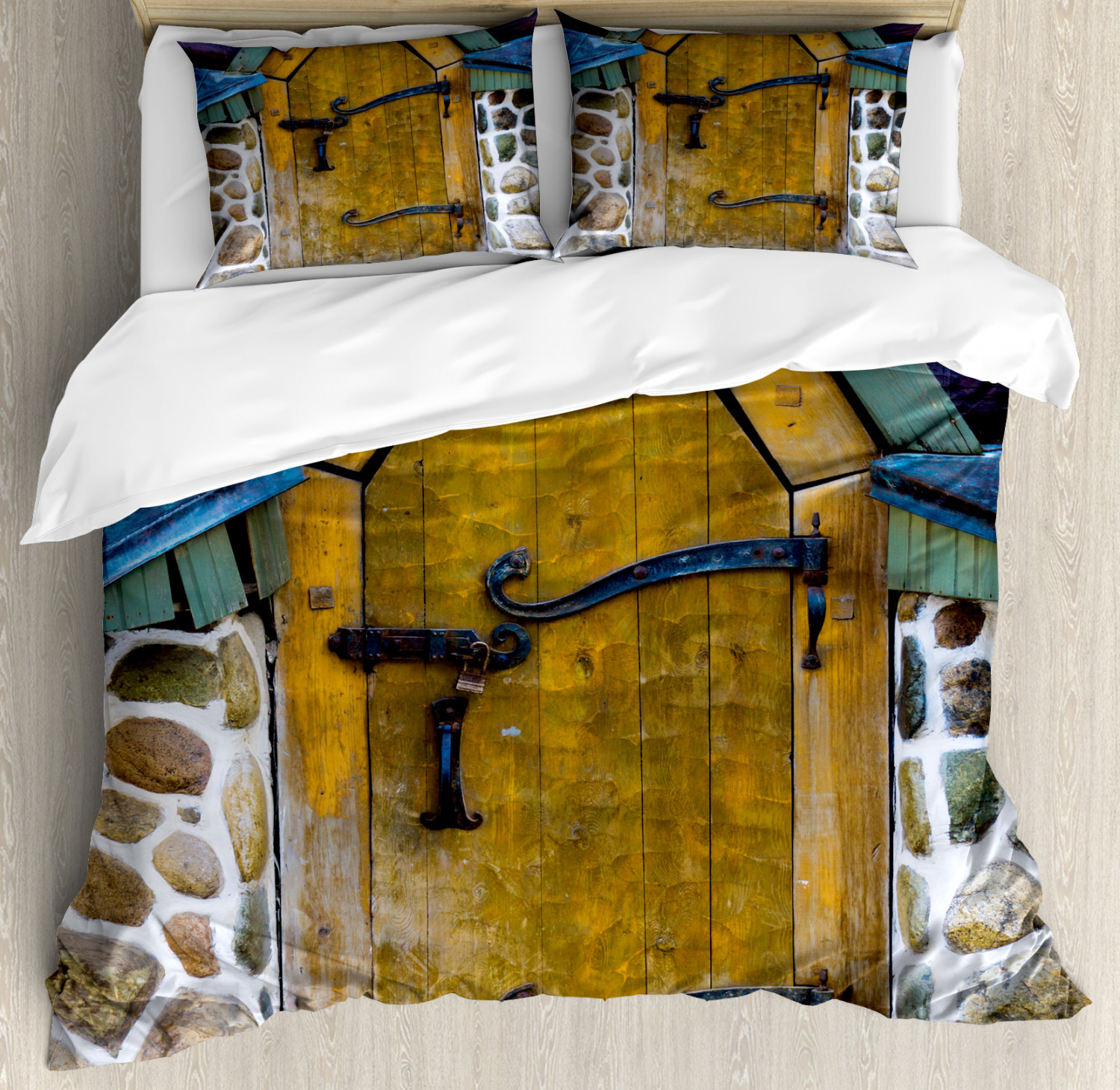 Rustic Duvet Cover Set Queen Size, Antique Style Door of a Stone House ...